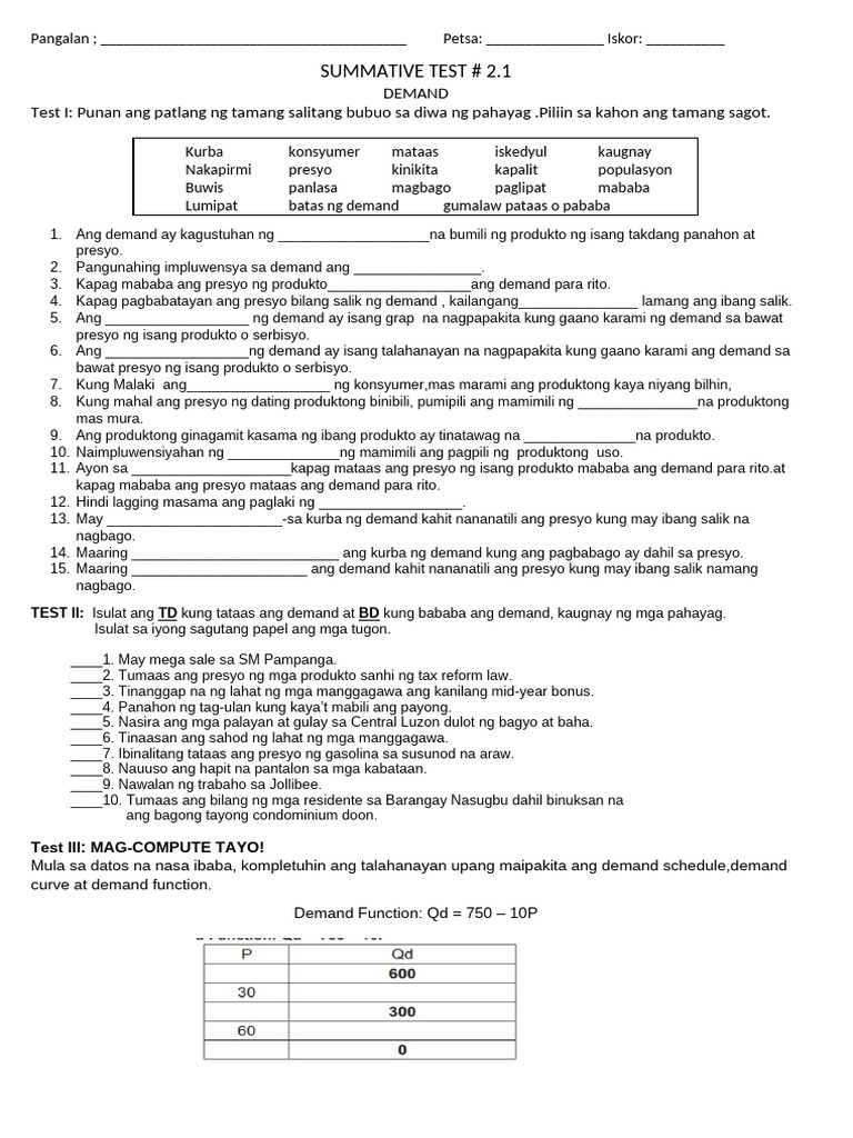 Demand Summative Quiz | PDF