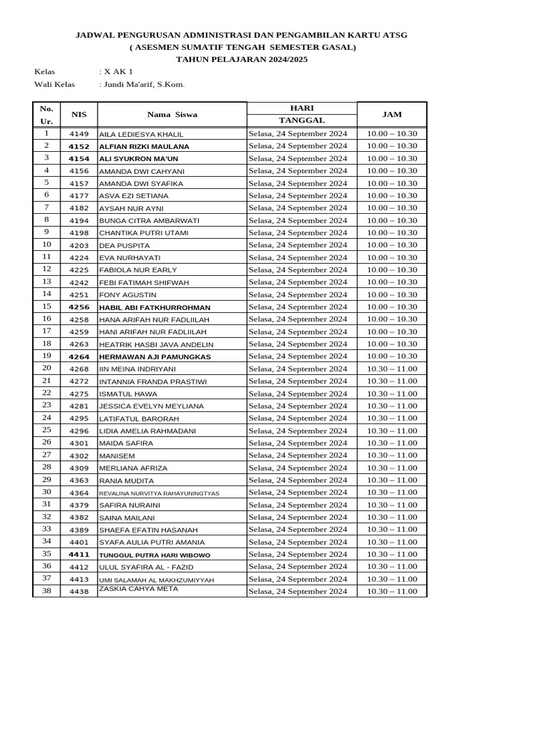Jadwal Pengurusan Administrasi Dan Pengambilan Kartu Atsg Tahun 2024-2025 Kelas X, Xi Dan Xii | PDF