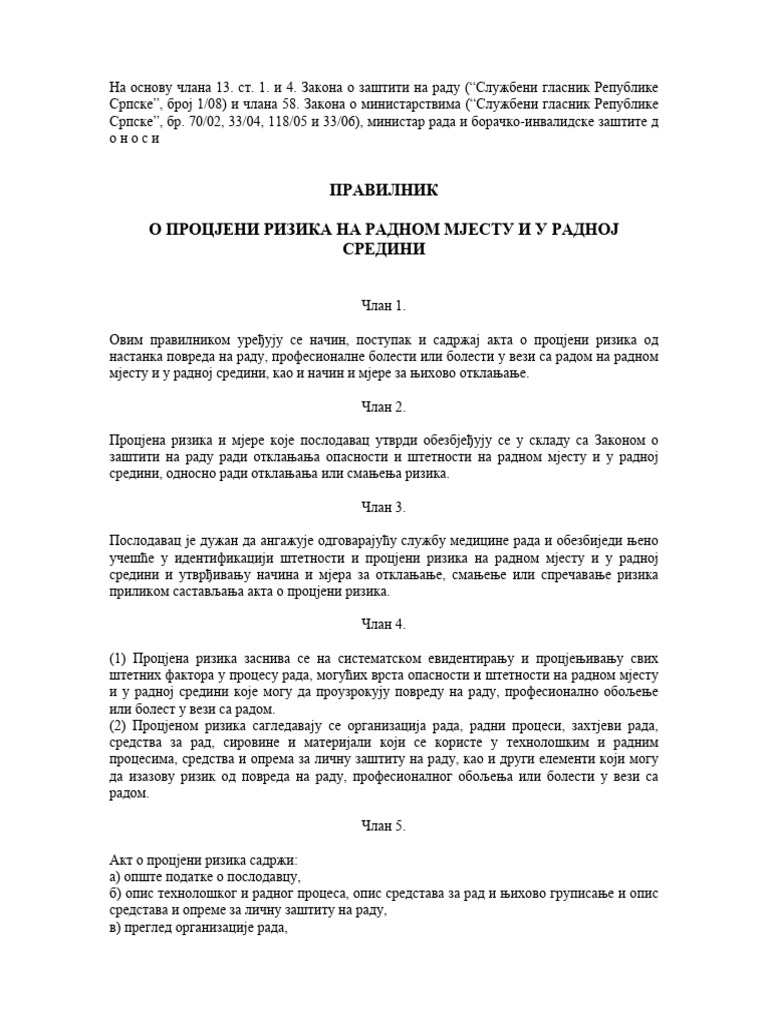 Pravilnik o Procjeni Rizika Na Radnom Mjestu I U Radnoj Sredini - (SL ...