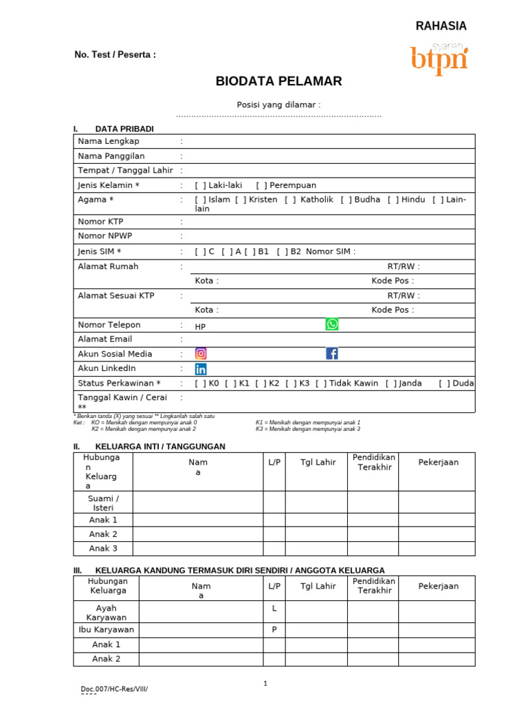 Form Biodata Pelamar - 2023 | PDF