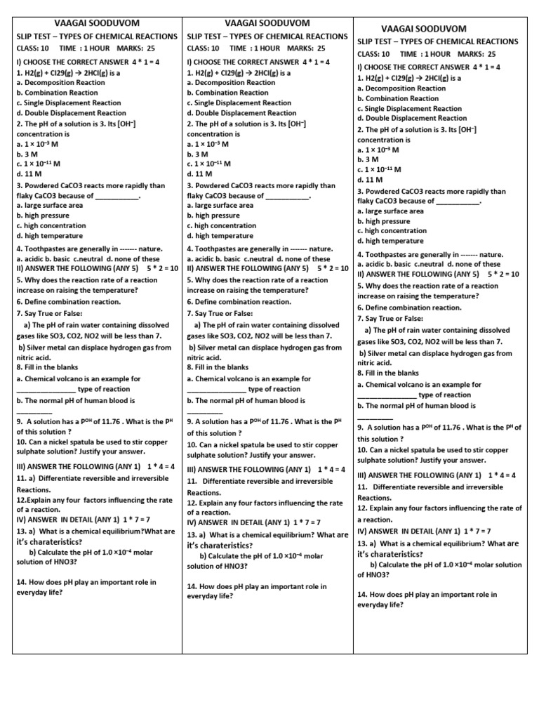 Types of Chemical Reactions Slip Test | PDF | Chemical Reactions ...