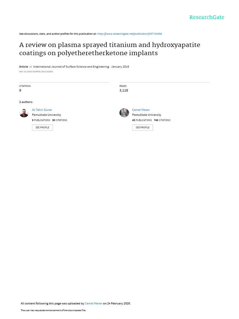 A Review On Plasma Sprayed Titanium and Hydroxyapatite Coatings On ...
