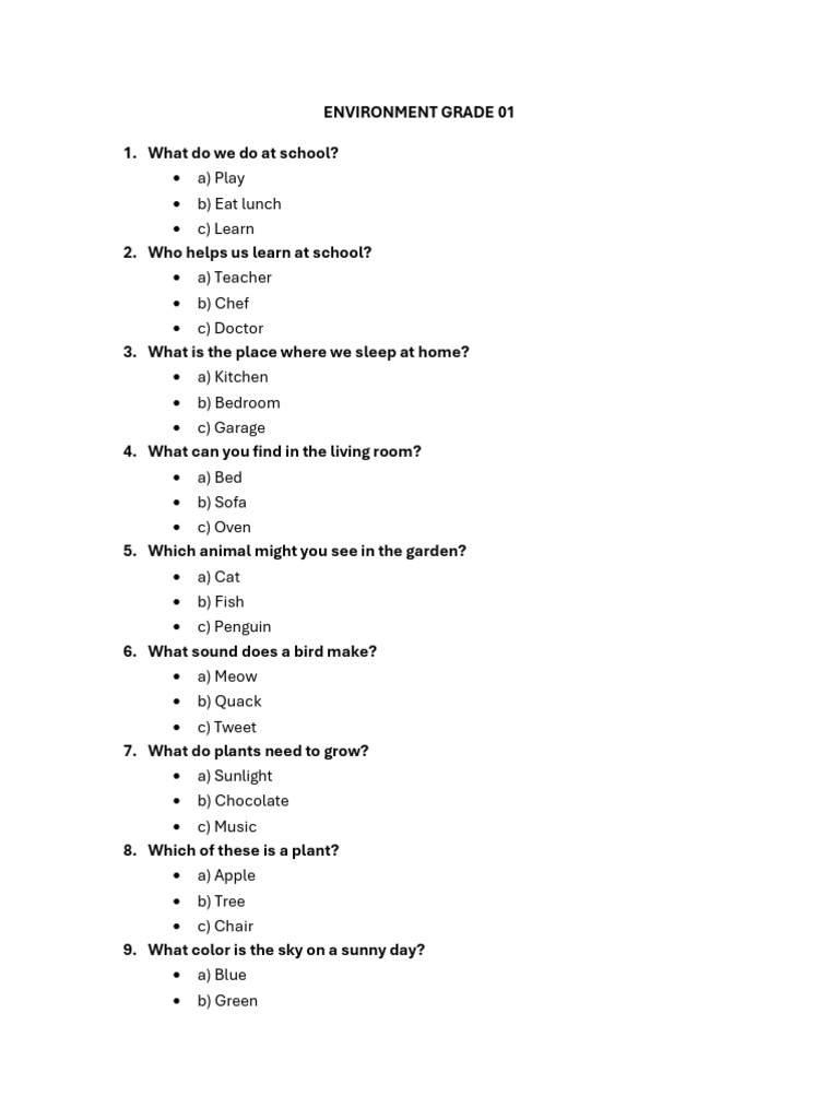 Grade 1 Environmental Awareness Quiz | PDF | Home & Garden