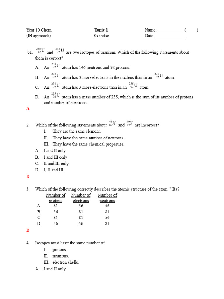 Topic 1 Revision Qs Exercise Answers | PDF | Isotope | Atoms