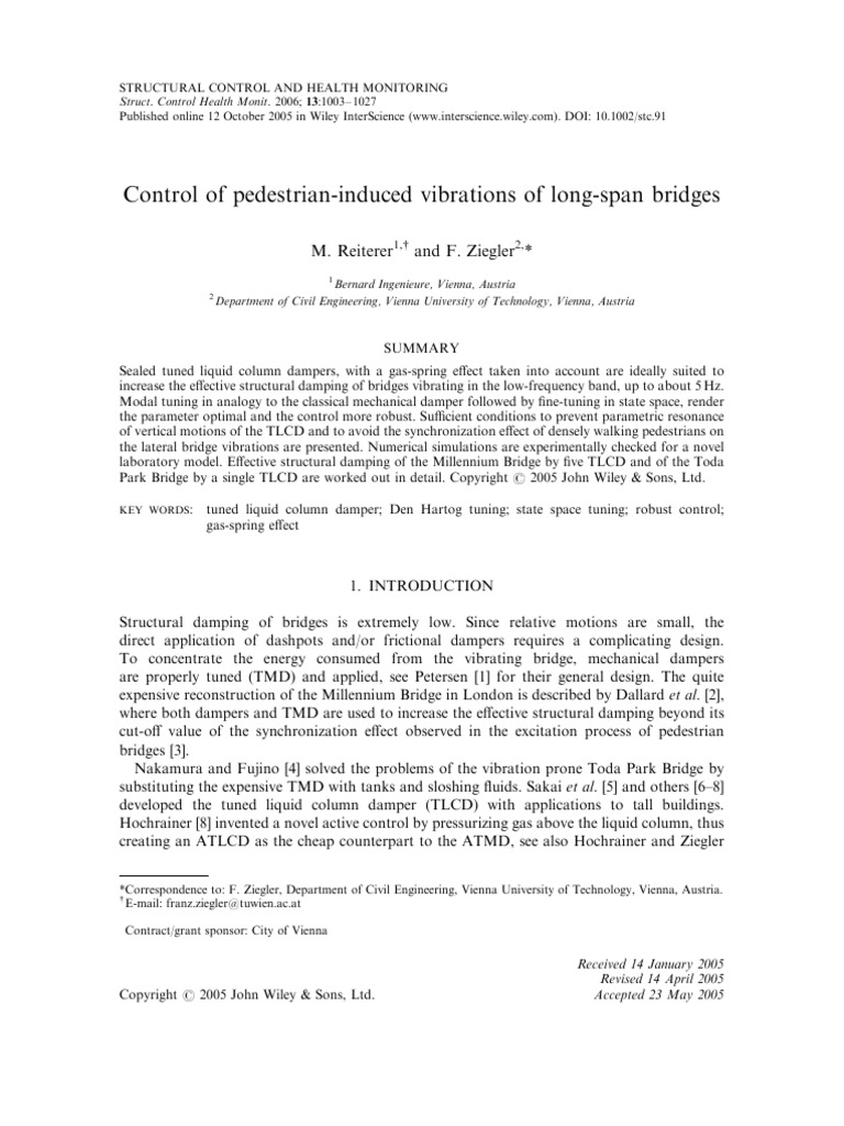 Structural Contr HLTH - 2005 - Reiterer - Control of Pedestrian Induced Vibrations of Long Span ...