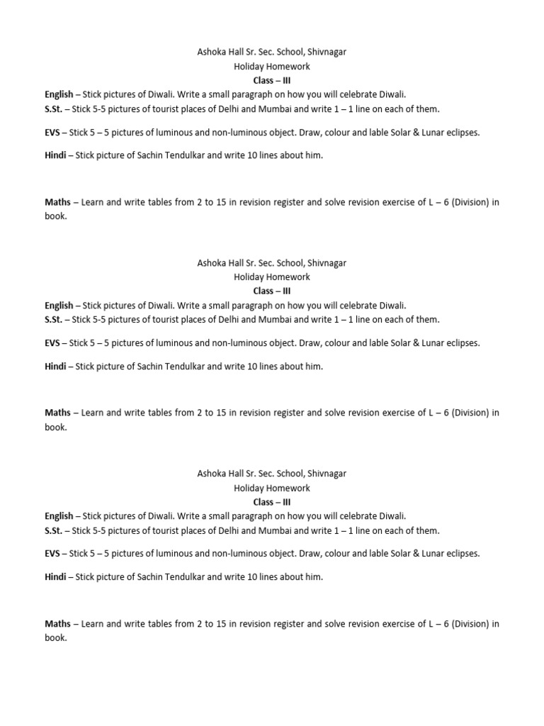 Diwali Holiday Homework for Classes 1-4 | PDF