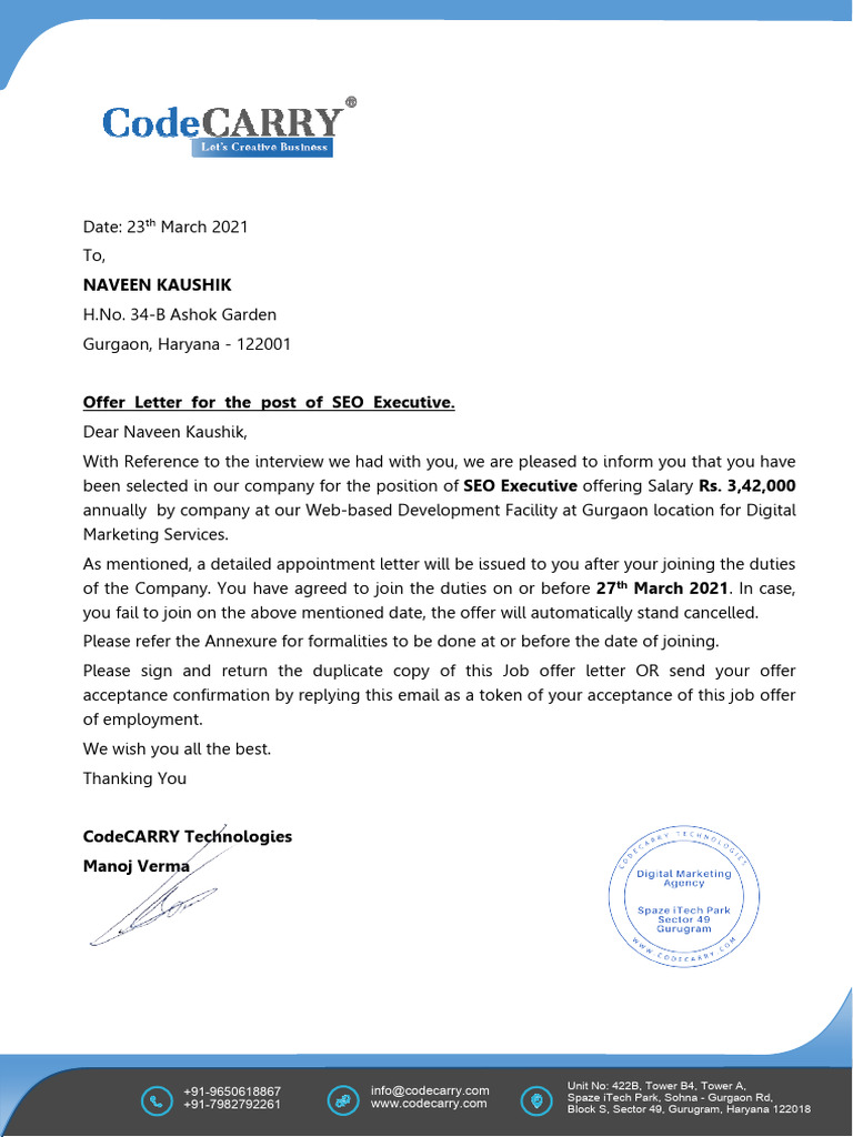 Company Offer Letter | PDF | Career & Growth | Business