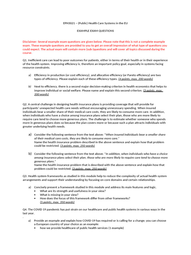 Example Exam Questions EPH3021 | PDF | Pareto Efficiency | Social Programs