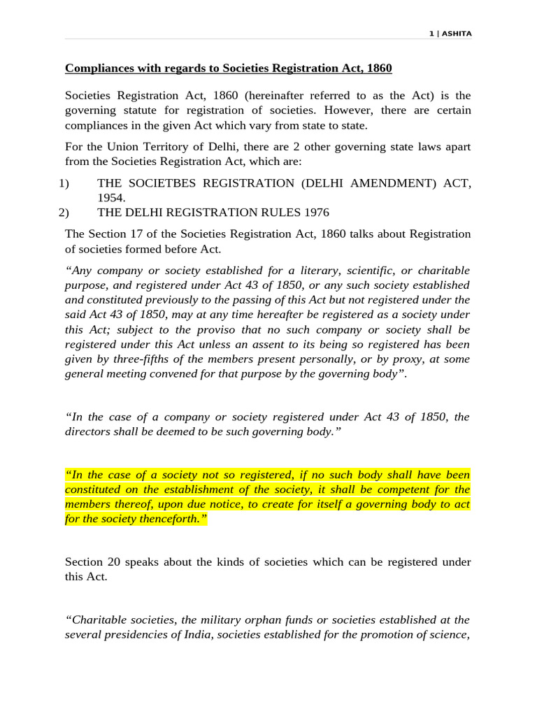 Compliances With Regards To Societies Registration Act | PDF | Legal Documents | Government