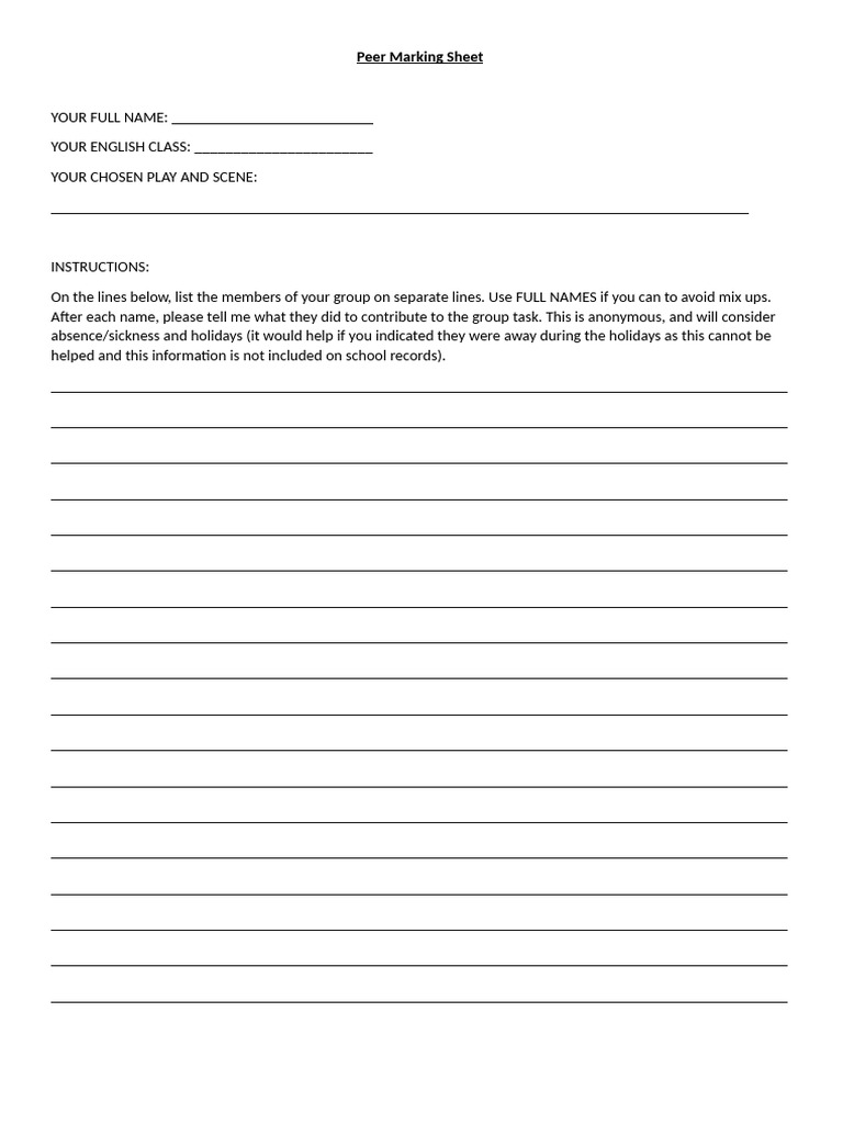 Peer Marking Sheet Year 7 | PDF