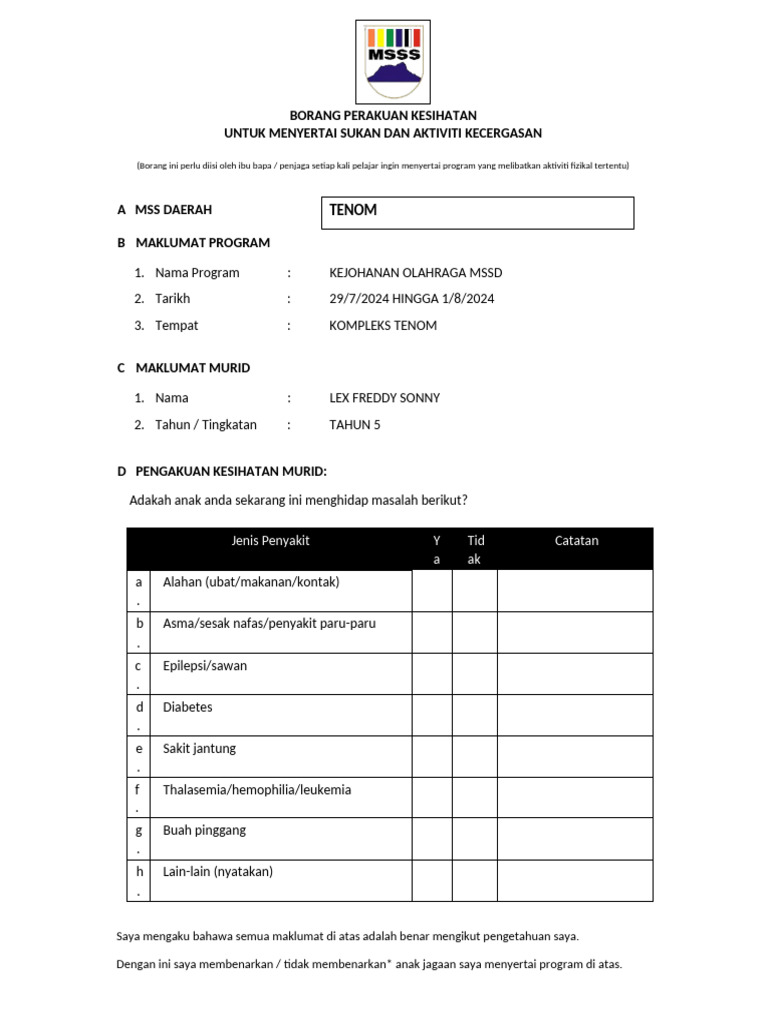 Borang Perakuan Kesihatan Pelajar | PDF
