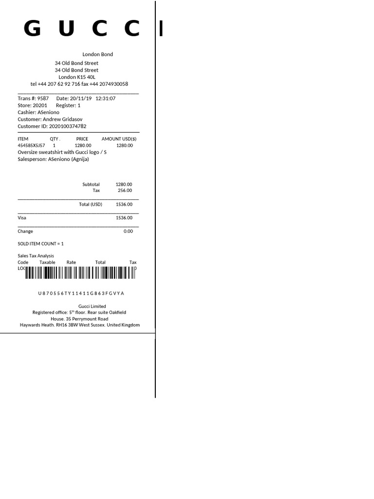 Gucci Purchase Receipt - London Store | PDF