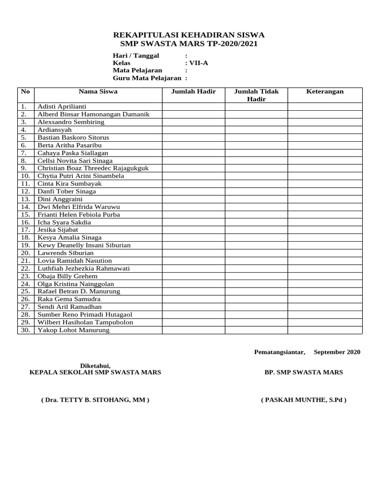 Rekapitulasi Kehadiran Siswa | PDF