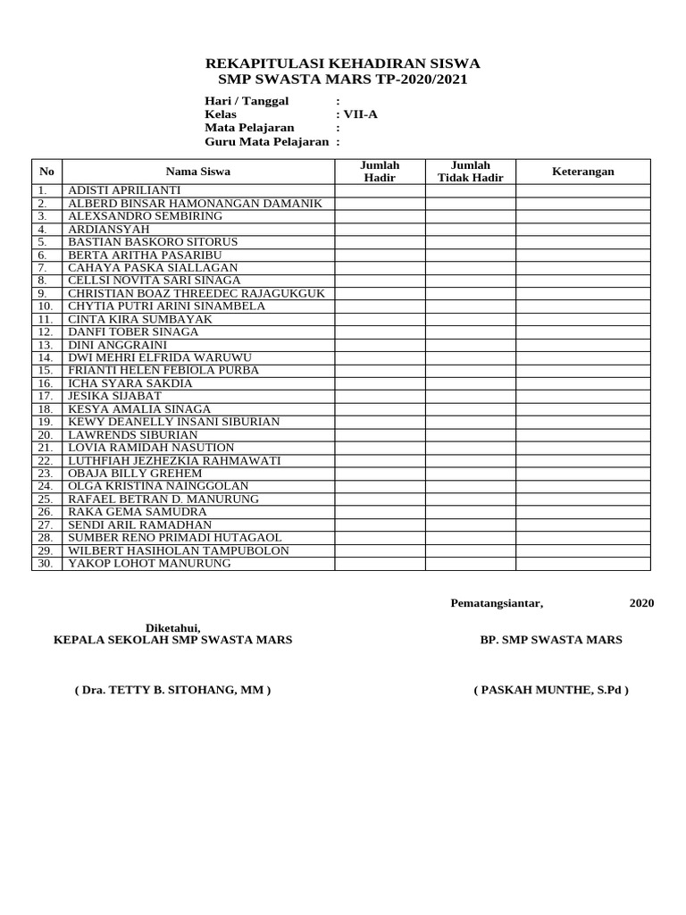 Rekapitulasi Kehadiran Siswa | PDF