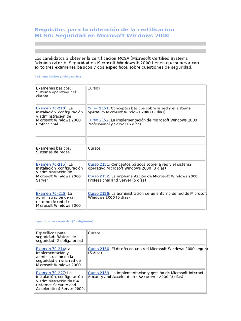Requisitos Mcsa 2000 Seguridad Resumido | PDF