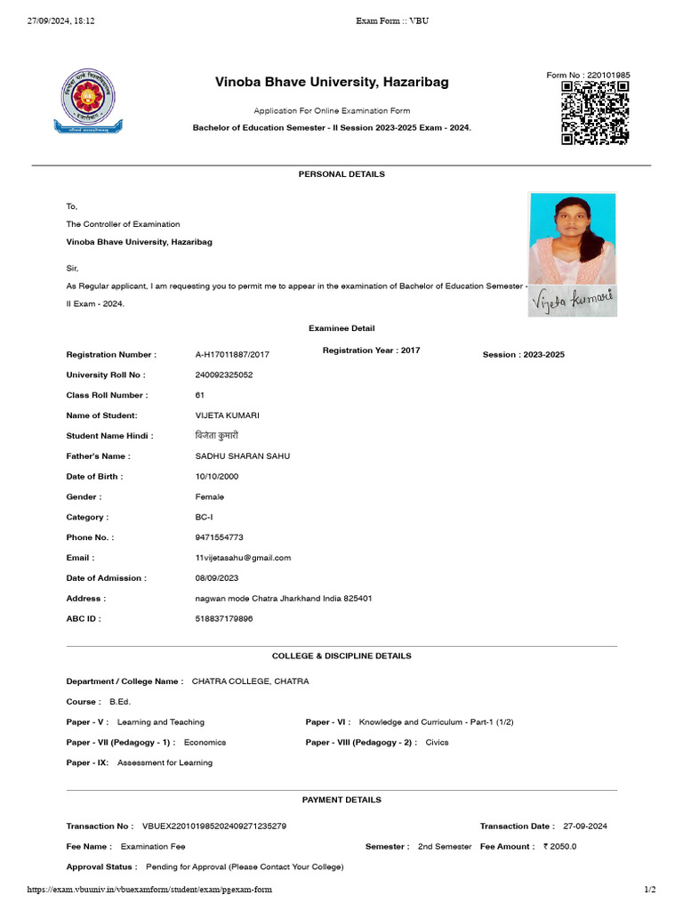 Exam Form __ VBU | PDF | Educational Stages | Qualifications