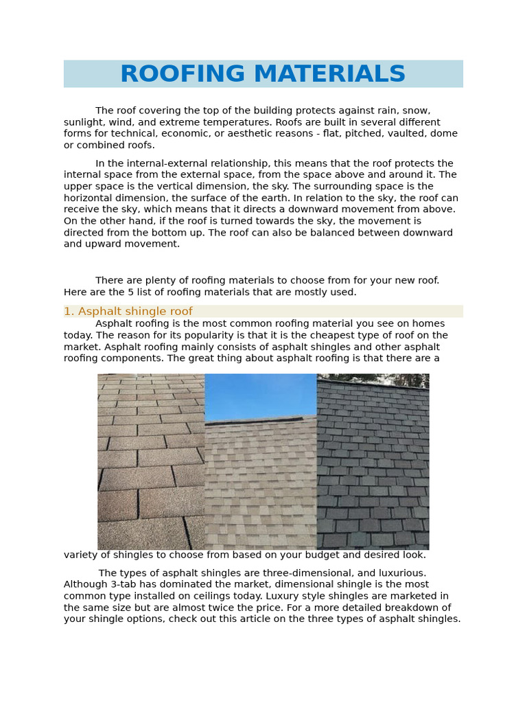 ROOFING MATERIALS (Building Technology 1) | PDF | Roof | Building ...