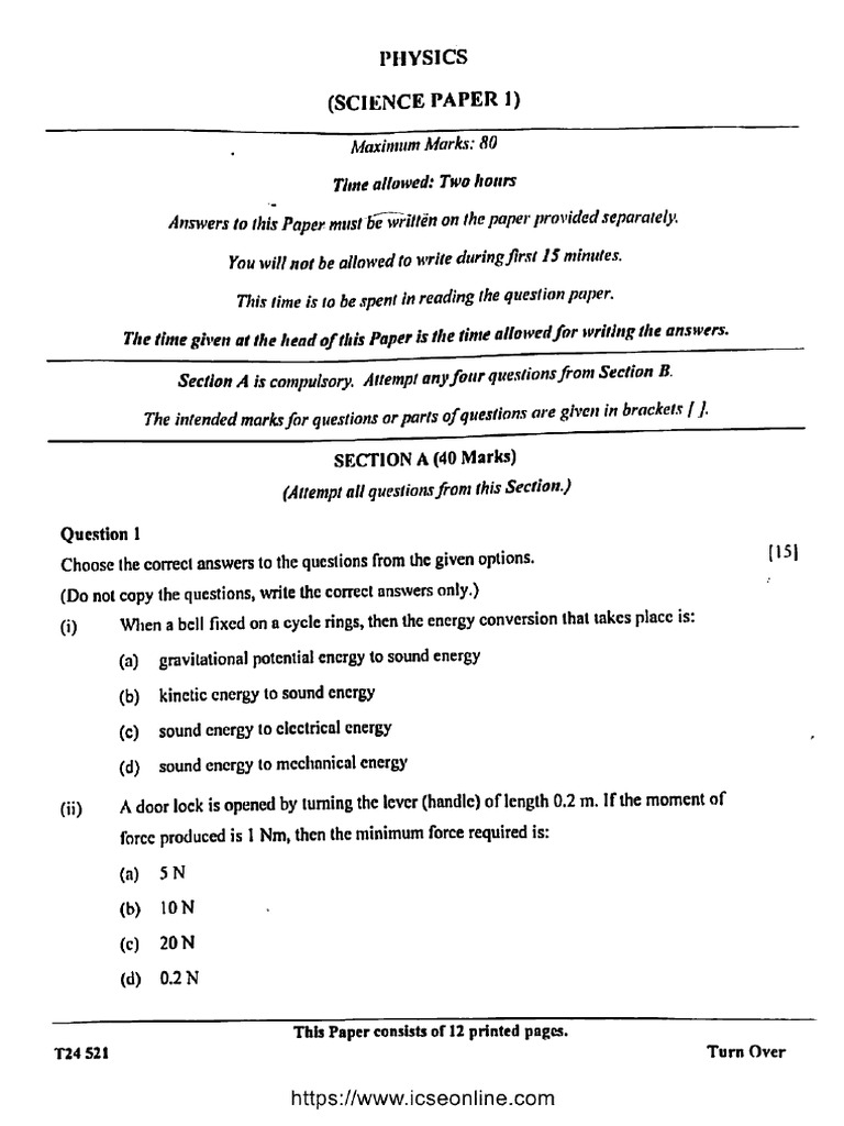 Icse Class 10 Physics Science Paper 1 t24 521 2024 | PDF