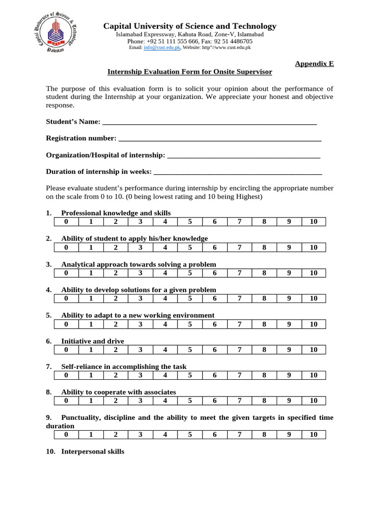 Internship Evaluation Form for Onsite Supervisor | PDF | Psychology | Psychological Concepts