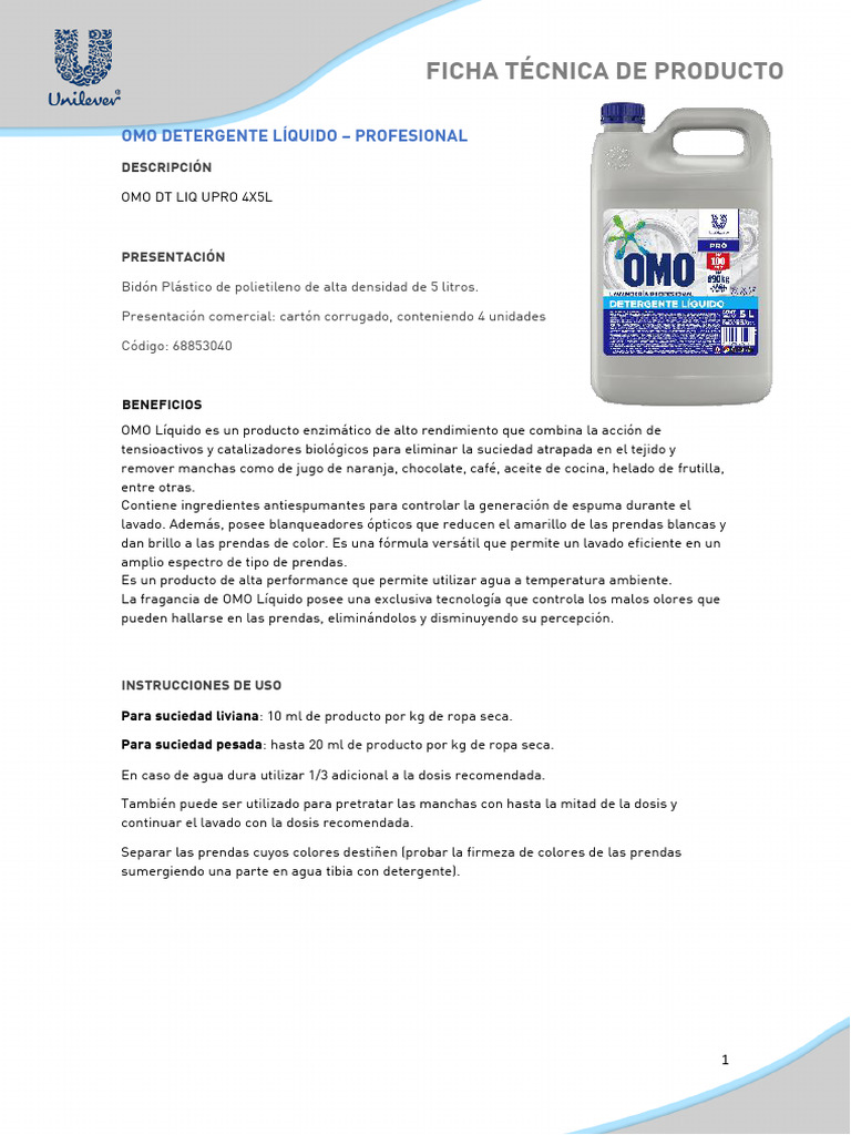 OMO Detergente Líquido 5L Profesional | PDF | Detergente | Agua