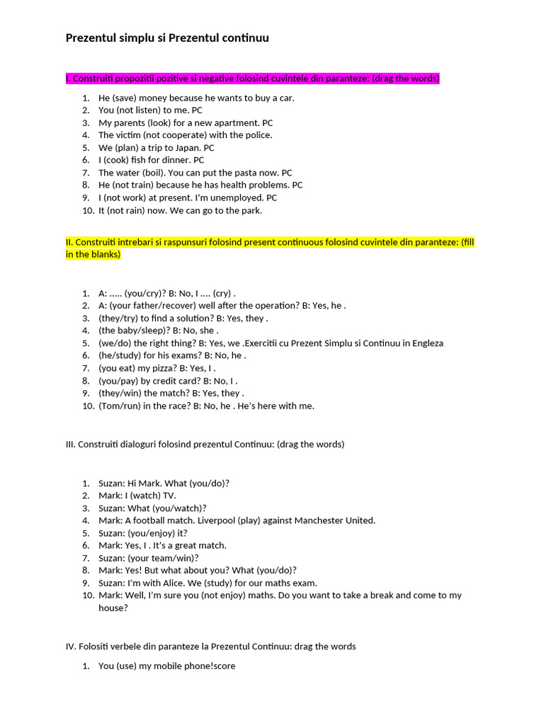 Exercitii Prezentul Simplu Si Prezentul Continuu | PDF | Crossword
