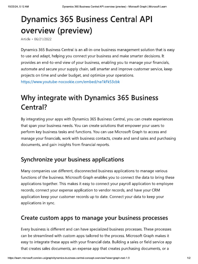 Dynamics 365 Business Central API Overview (Preview) | PDF