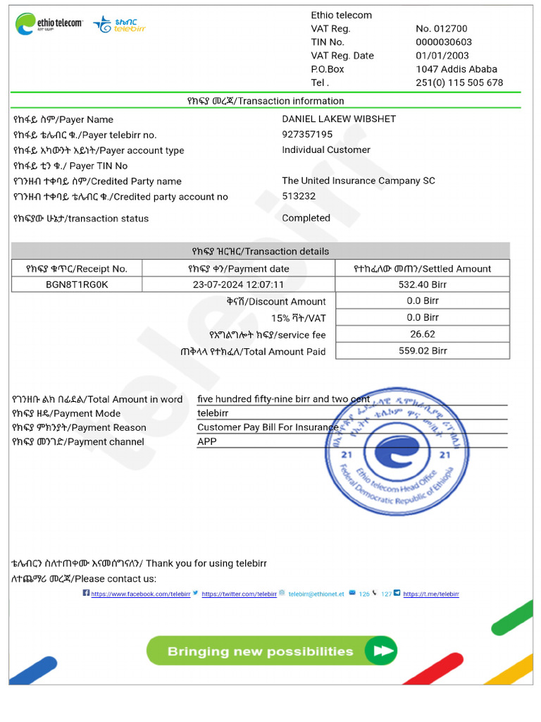 Telebirr - Customer Pay Bill For Insurance | PDF