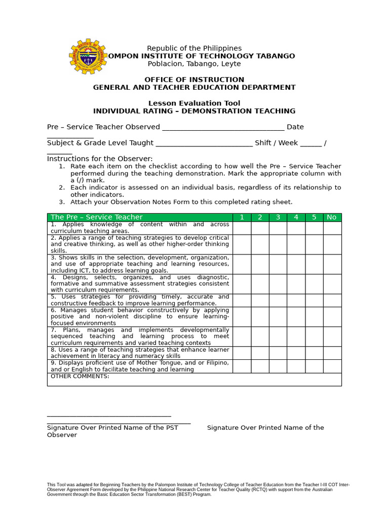 Rating-Sheet | PDF | Teachers | Learning