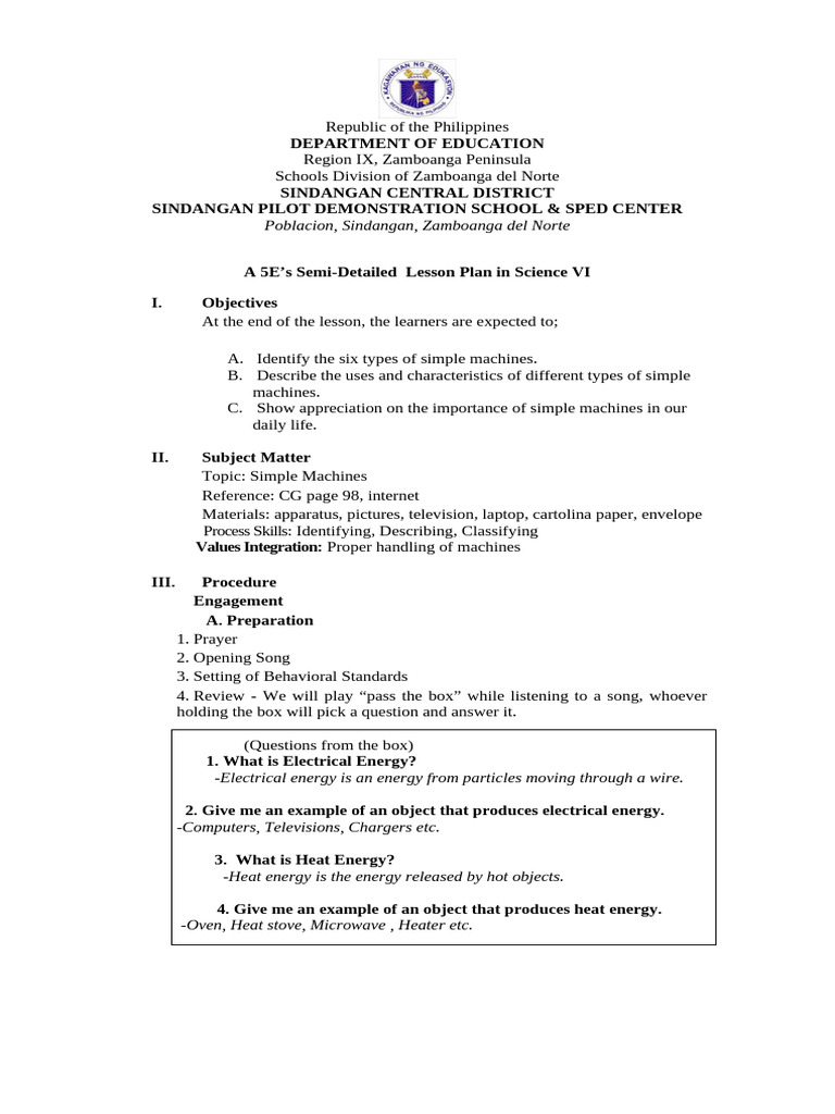 Brief Lesson Plan Simple Machines | PDF | Machines | Wheel