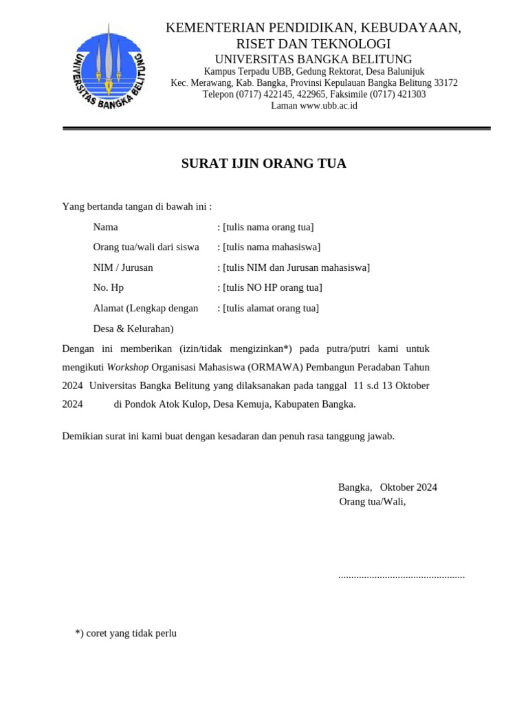 Surat Ijin Orang Tua Wopp | PDF