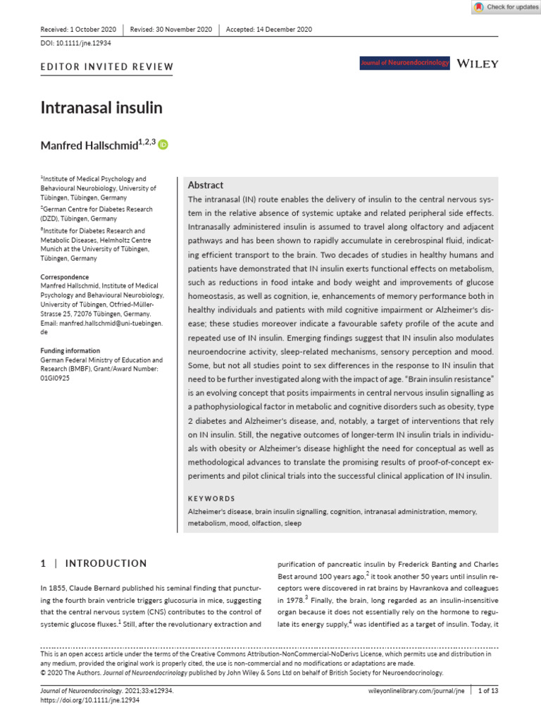 J Neuroendocrinology - 2021 - Hallschmid - Intranasal Insulin | PDF | Insulin | Brain