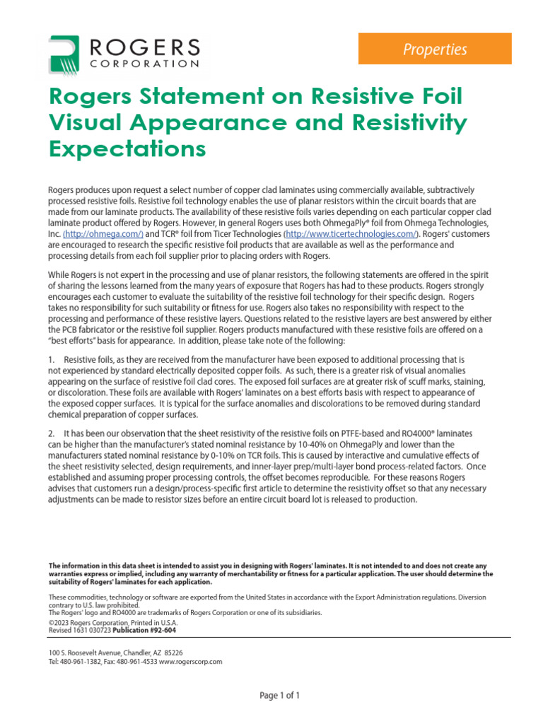 Rogers Statement On Resistive Foil Visual Appearance and Resistivity ...