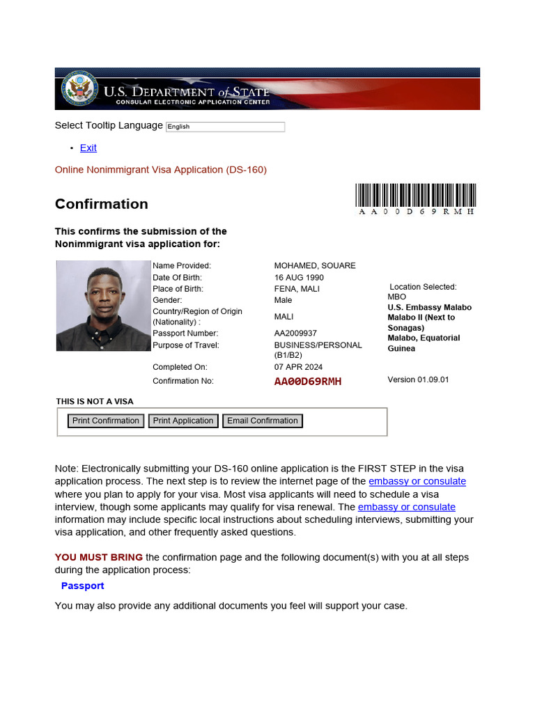 u.s. Dos - Ceac Confirmation (Aa00d69rmh) | PDF | Travel Visa | Fingerprint