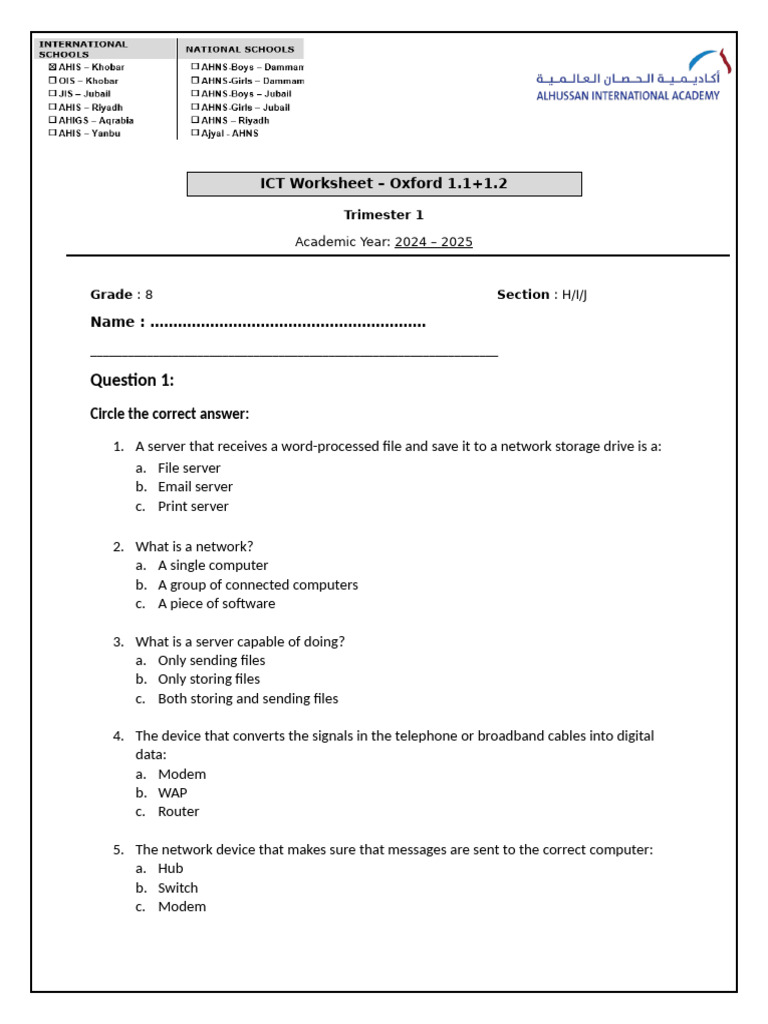 Gr8 Oxford 1.1 1.2 Worksheet | PDF | Computer Network | Network Switch