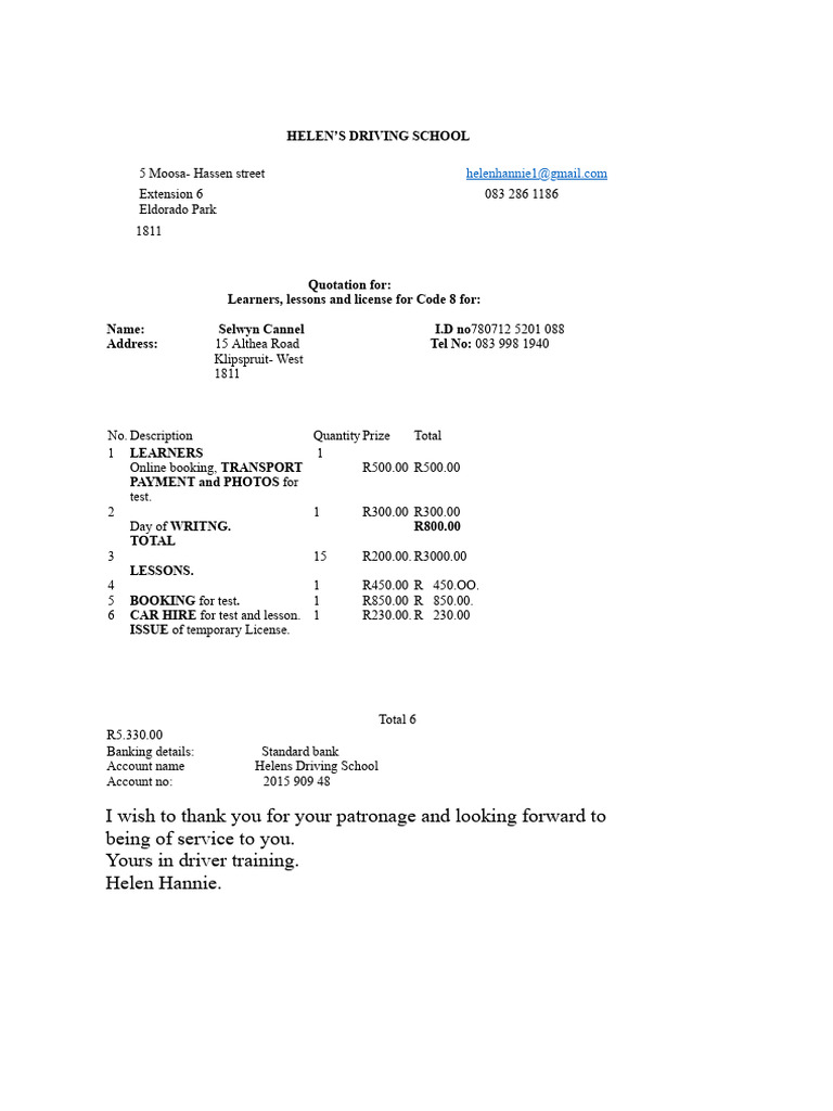 Driving School Quotation for Code 8 | PDF