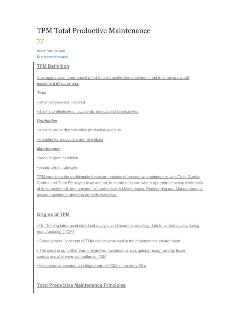 TPM Total Productive Maintenance | PDF