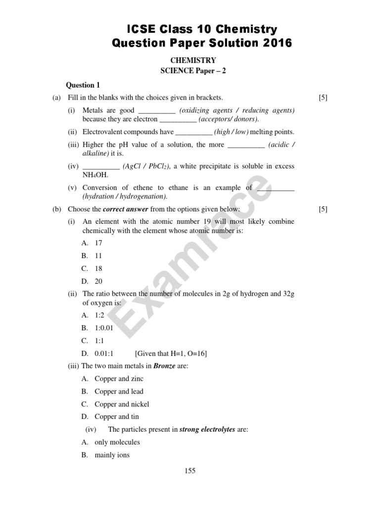 ICSE Class 10 Chemistry Question Paper 2016 | PDF | Acid | Hydrochloric ...