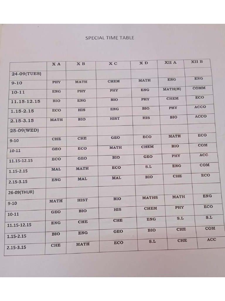 Special Timetable - Class X and XII | PDF