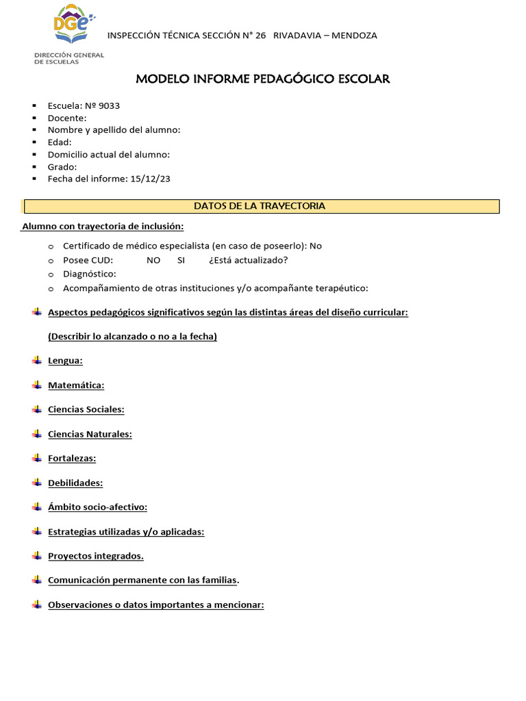 Modelo Informe Pedagógico Escolar 2023 | PDF | Salud y bienestar