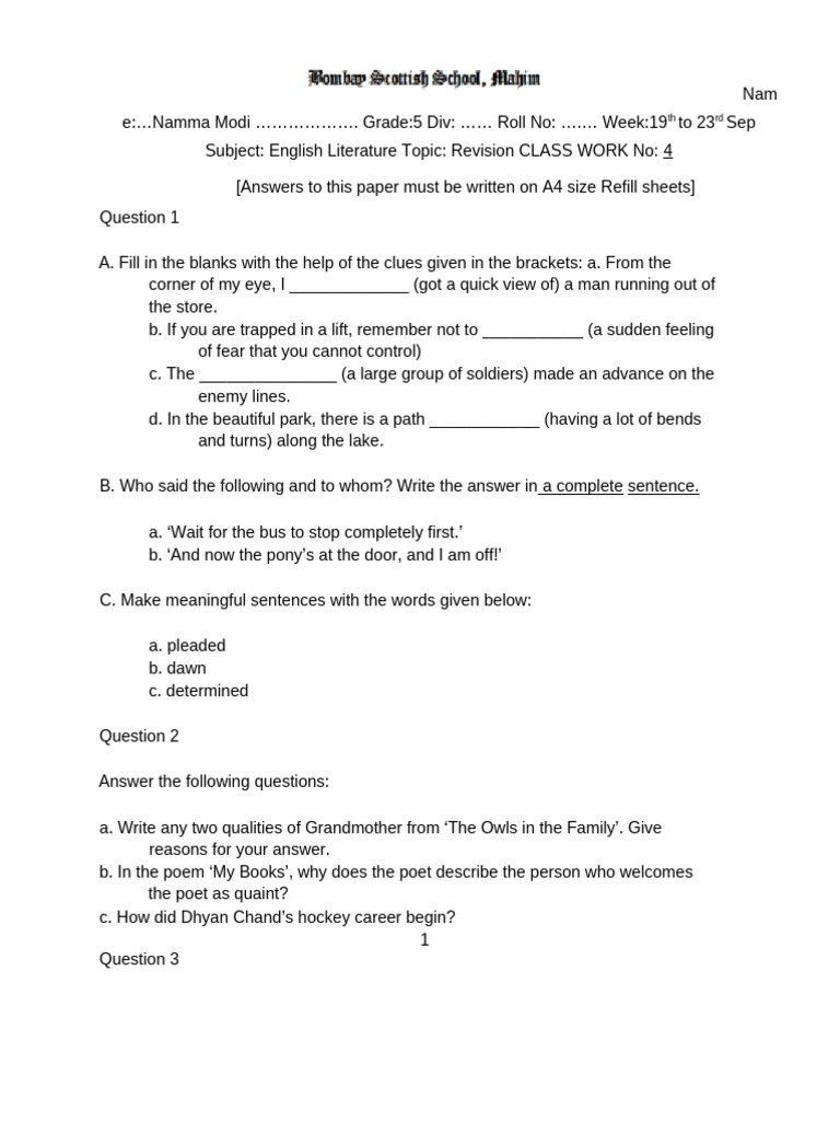 Grade 5 English Literature Term 1 Revision | PDF