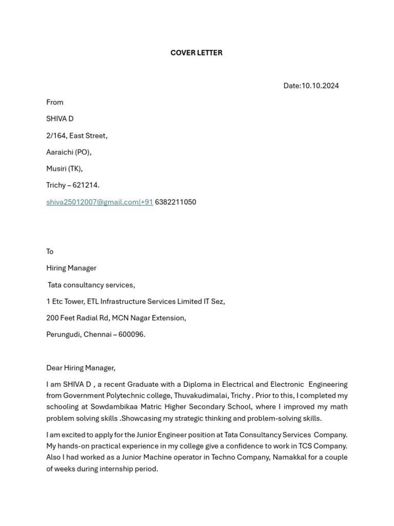 TCS Junior Engineer Cover Letter | PDF