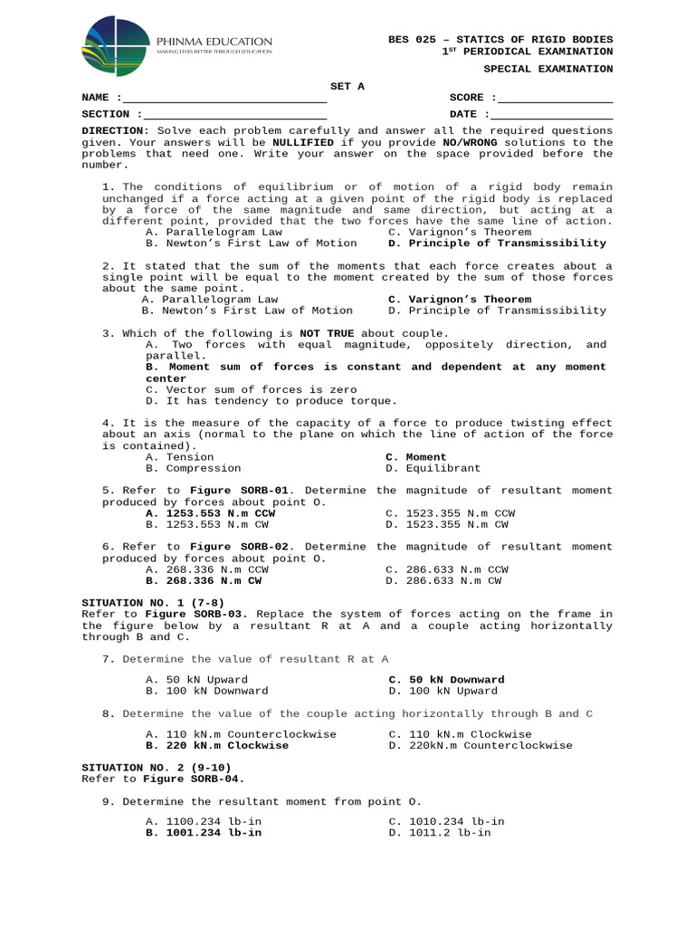 Statics of Rigid Bodies - Example Exam | PDF | Force | Mechanics