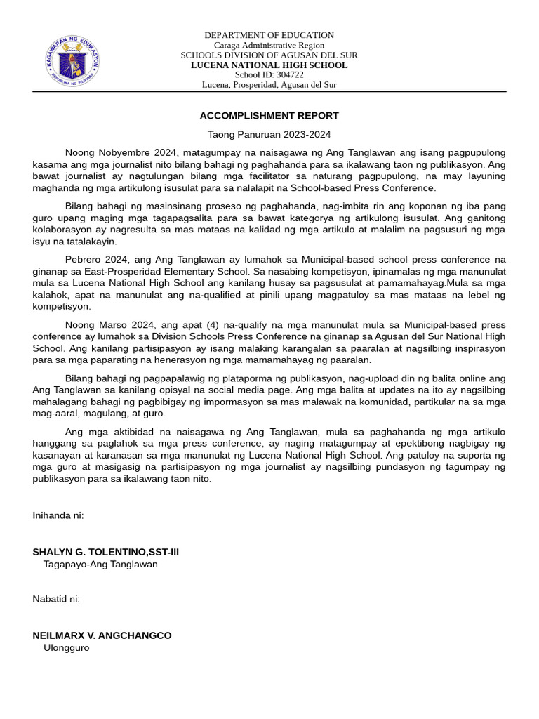 Accomplishment Report-Ang Tanglawan 23-24 | PDF
