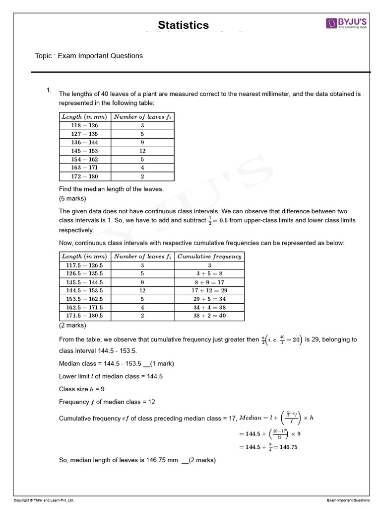 CBSE - G 10 - Statistics - EIQ | PDF | Median | Statistics
