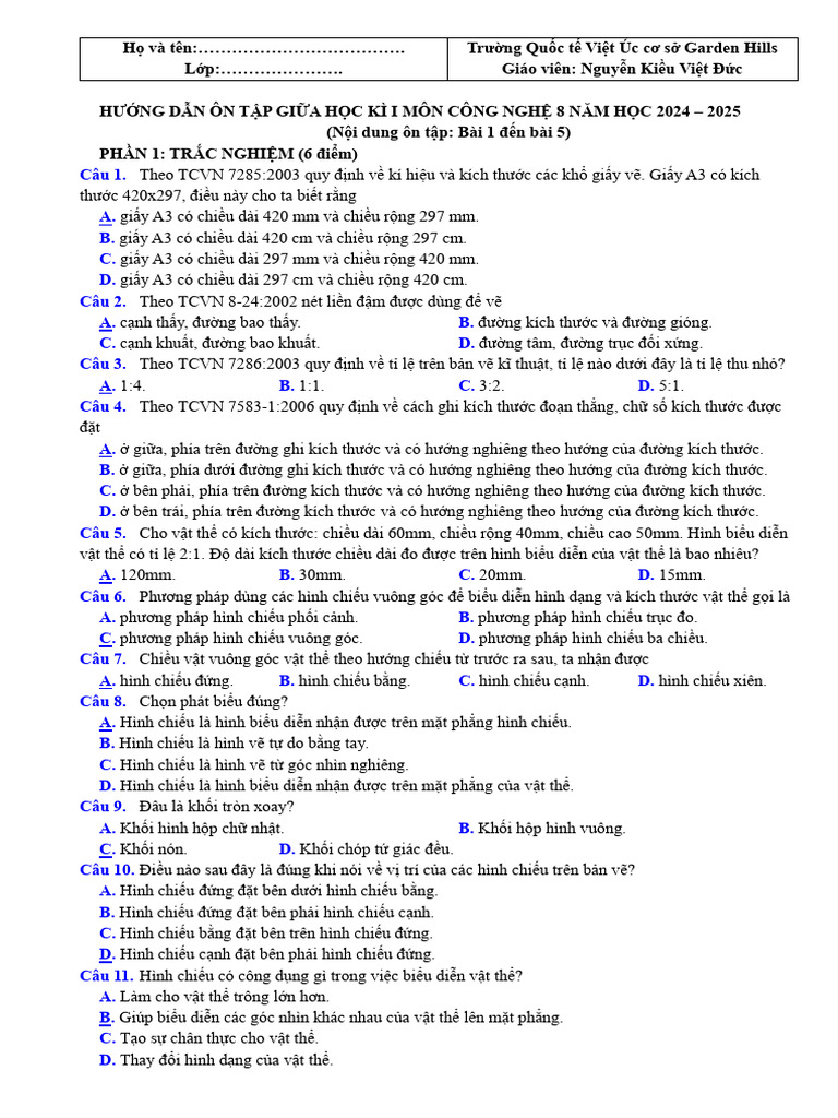 Hướng dẫn ôn tập -CN8- Giữa kì I | PDF