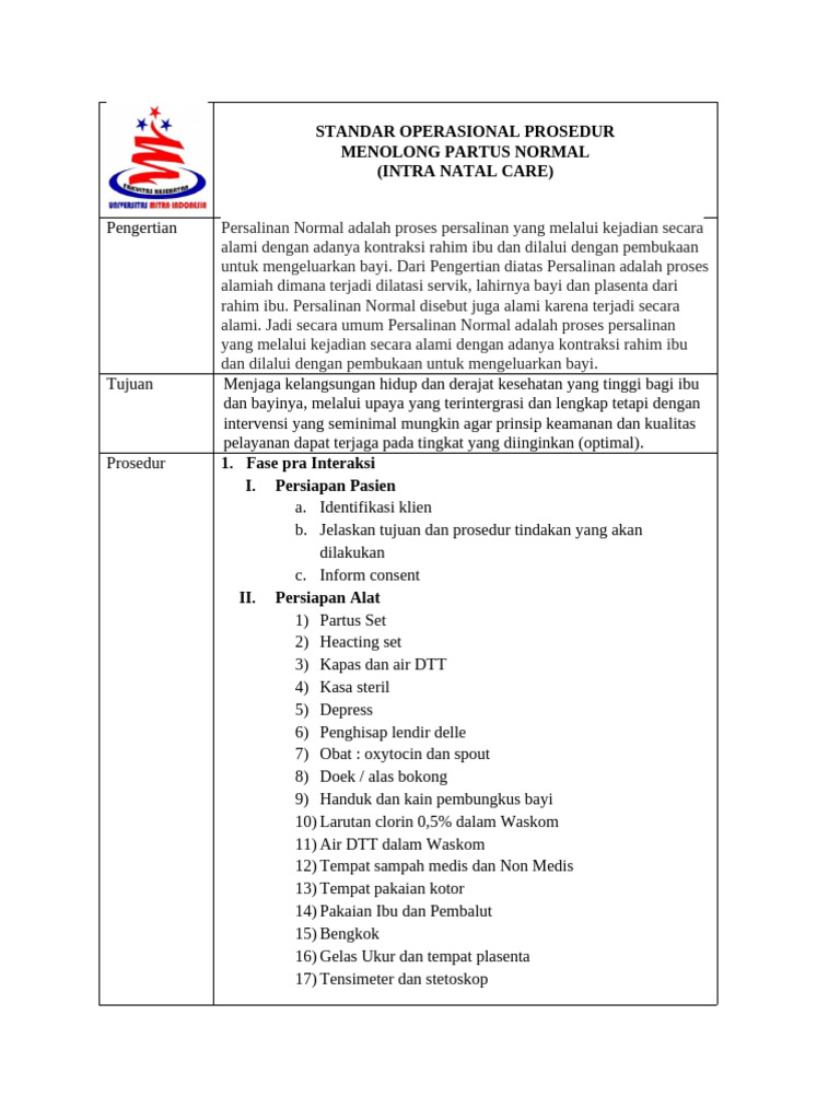 SOP Partus Normal Intra Natal | PDF