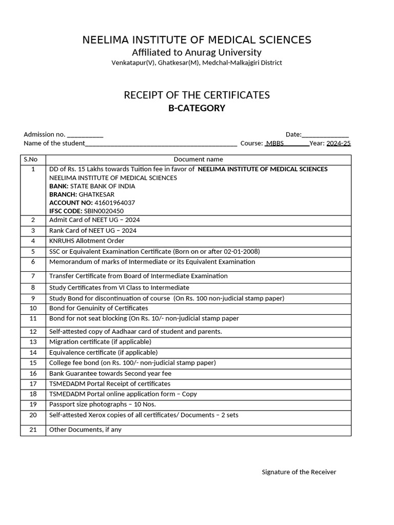 List of Certicates To Be Submitted at University-MBBS-Course-2024-25 | PDF