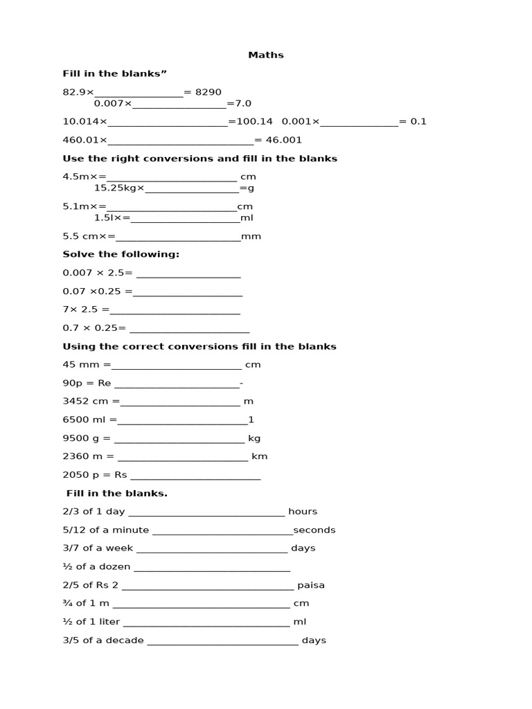 Maths Fill in the Blanks | PDF | Odds | Ratio
