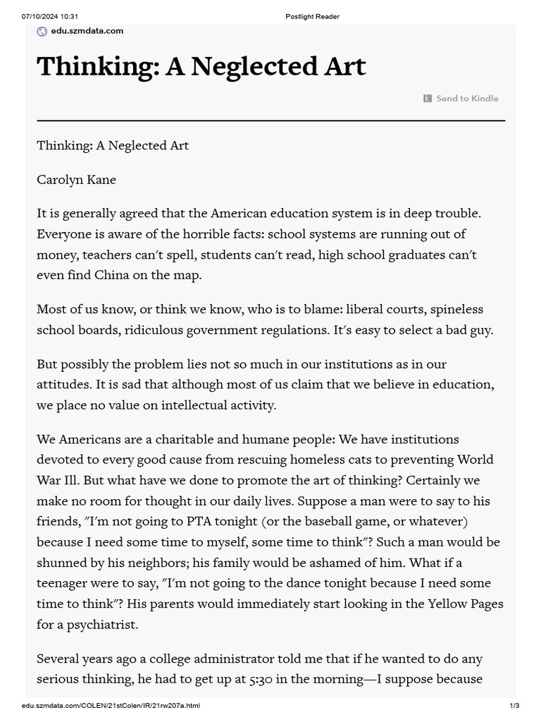 Essay 3 Thinking - A Neglected Art by Carolyn Kane | PDF | Thought