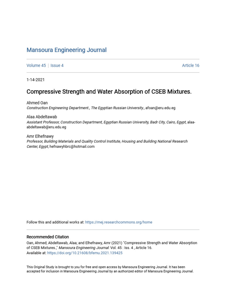Compressive Strength and Water Absorption of CSEB Mixtures. | PDF ...